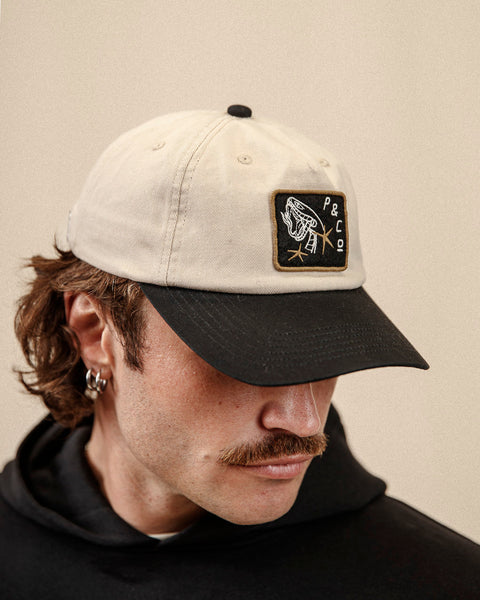 Ecru & Black Snake Bite 5 Panel Cap | Unisex Headwear – P&Co USA